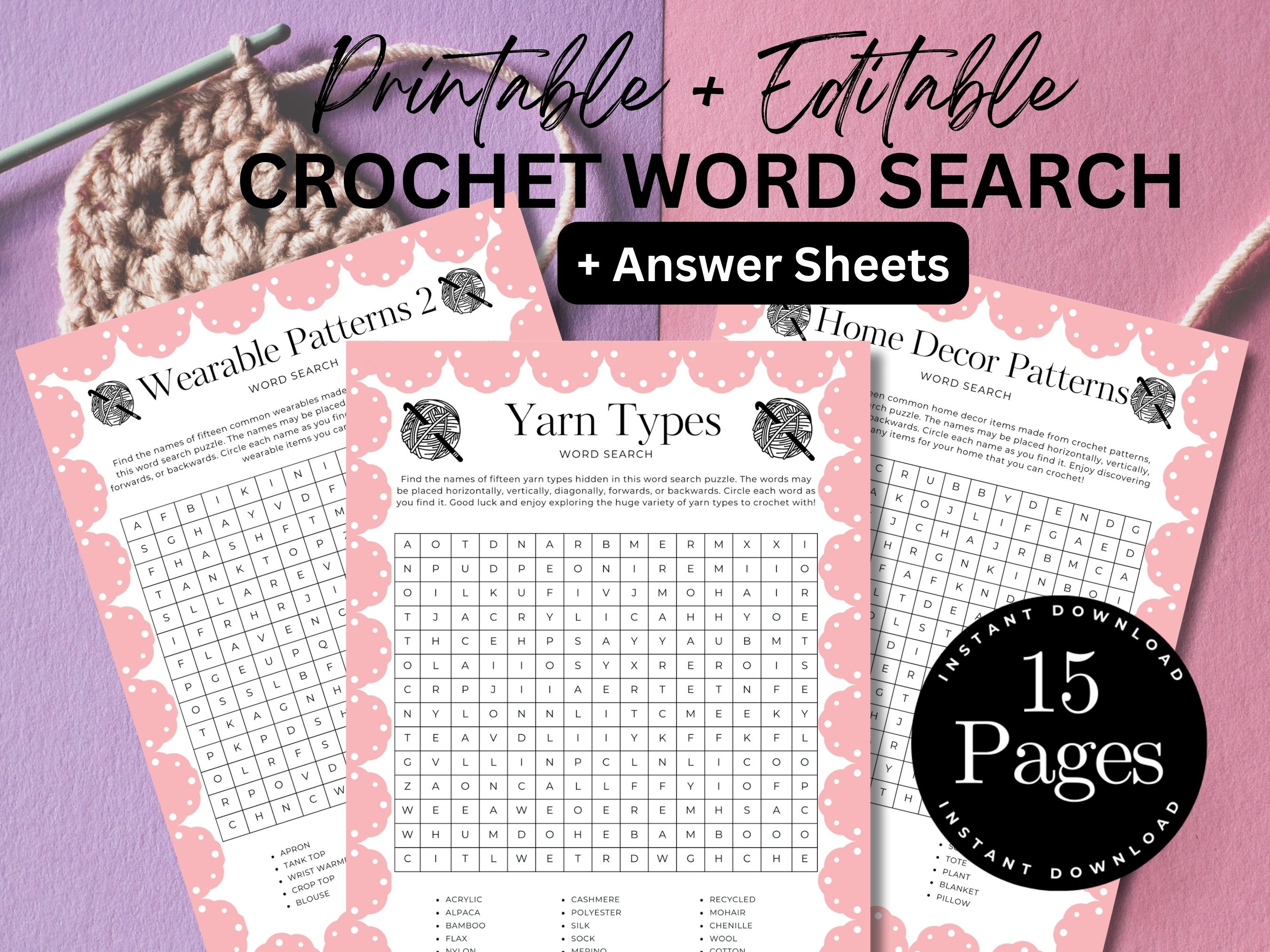PRINTABLE + EDITABLE Crochet Word Search Sheets - Fancy Edition ...