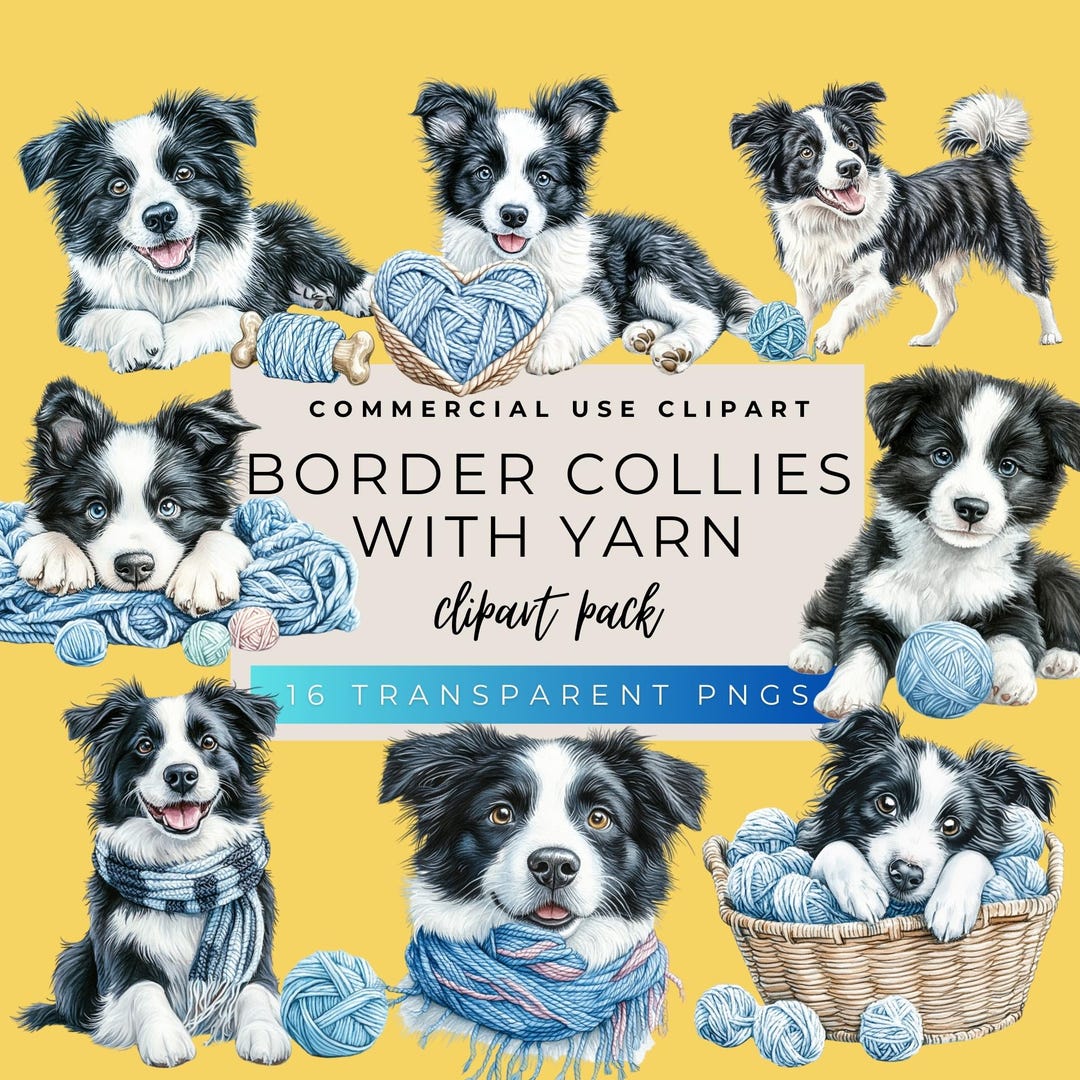 Border Collies With Yarn Clipart Pack, Border Collie Png, Instant Download, Cute Dog Clipart ...