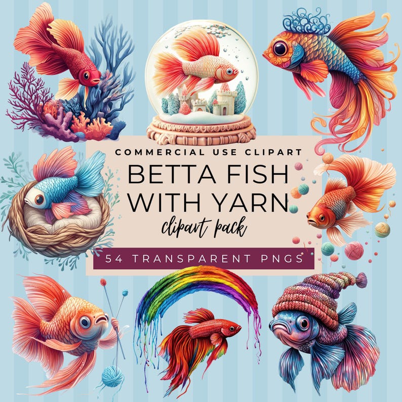 Betta Fish With Yarn Clipart Pack, Aquarium Fish Png, Sublimation ...