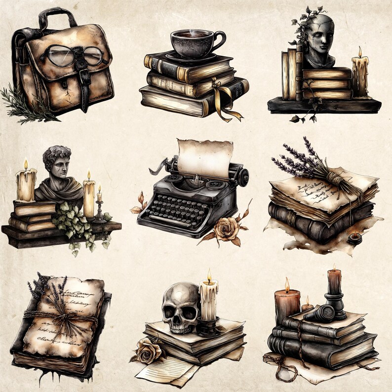 Dark Academia Clipart: Watercolor Gothic PNG Stickers (digital Download) - Etsy