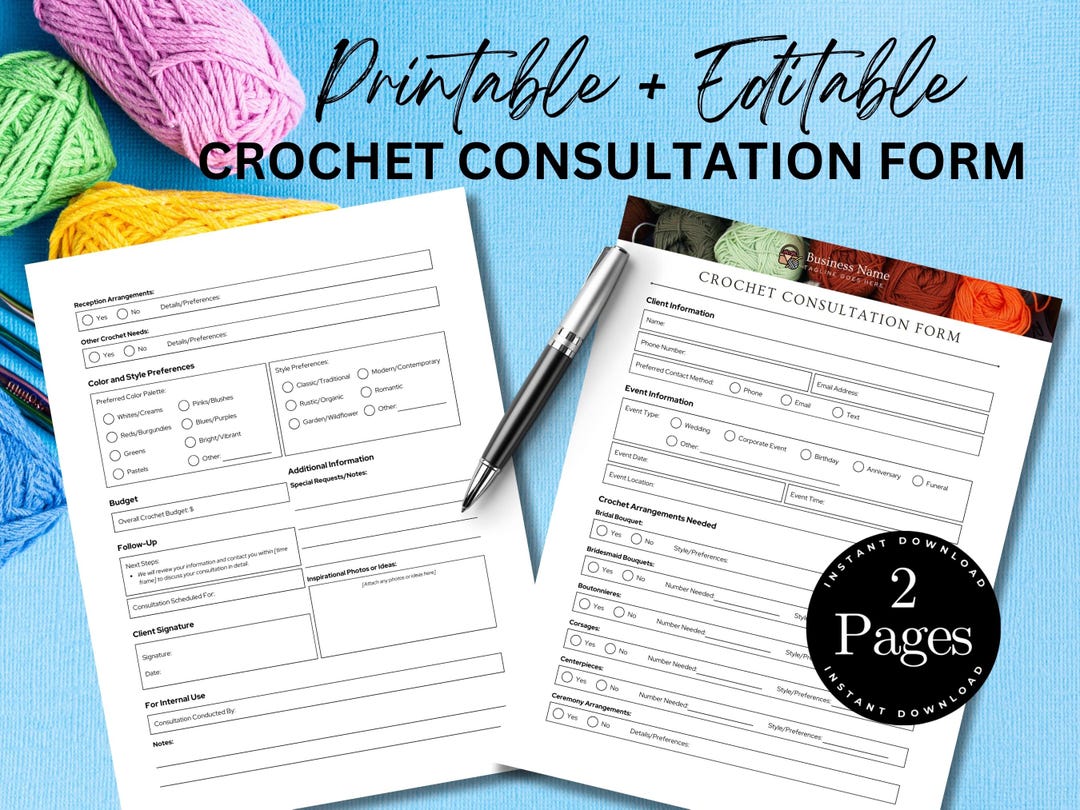 EDITABLE + PRINTABLE Crochet Consultation Form, Client Intake, Editable ...