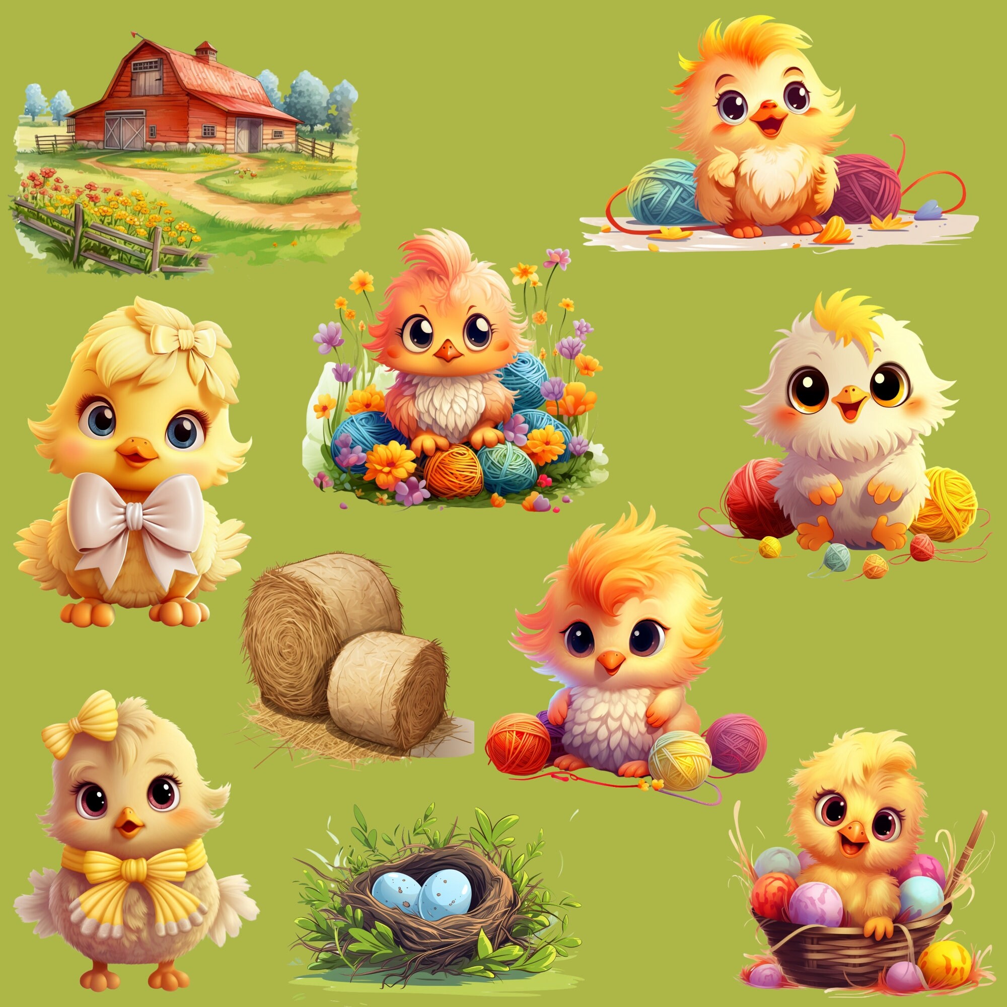 Cute Chickens With Yarn Clipart Pack, Commercial Use, Easter Chick ...