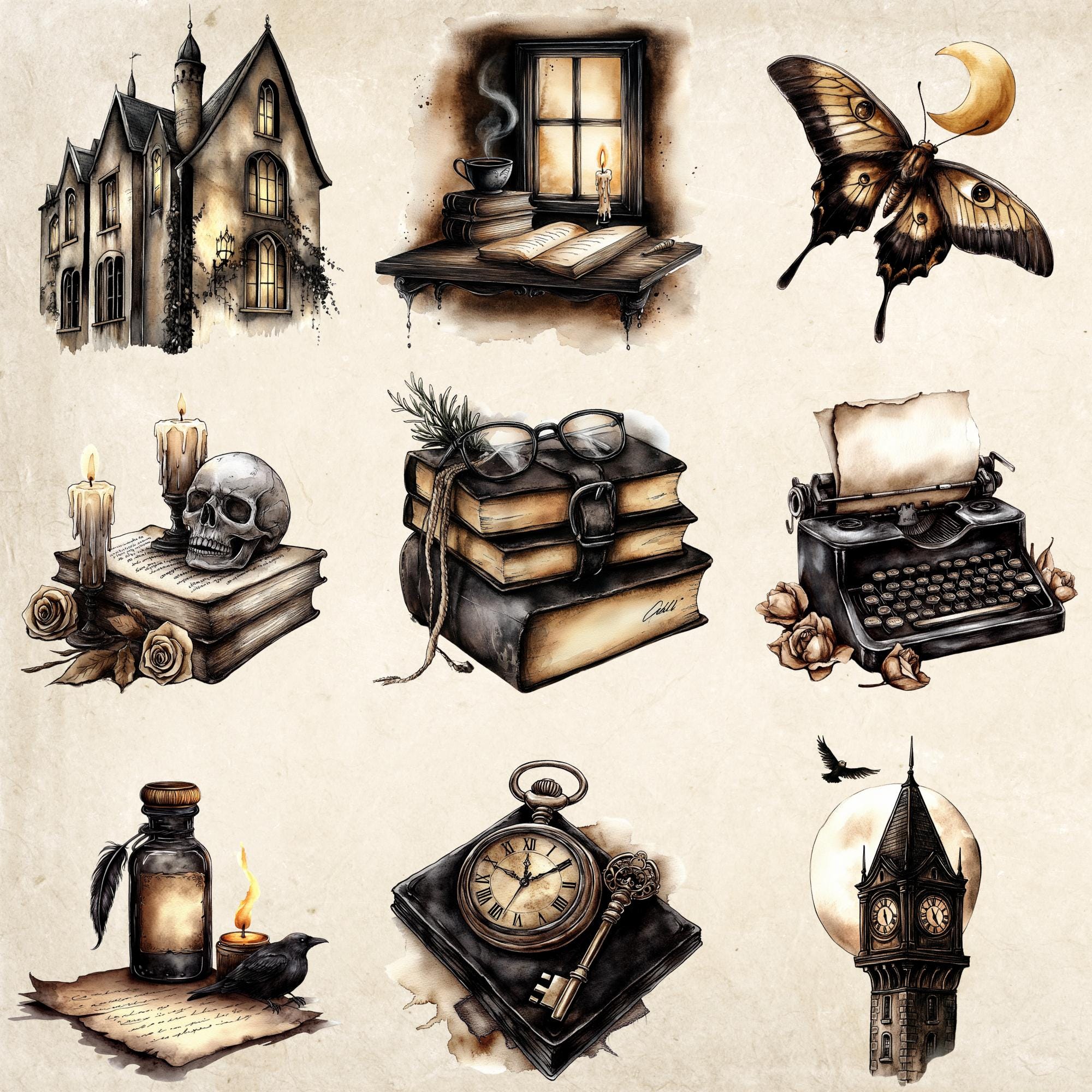 Dark Academia Clipart: Watercolor Gothic PNG Stickers (digital Download) - Etsy