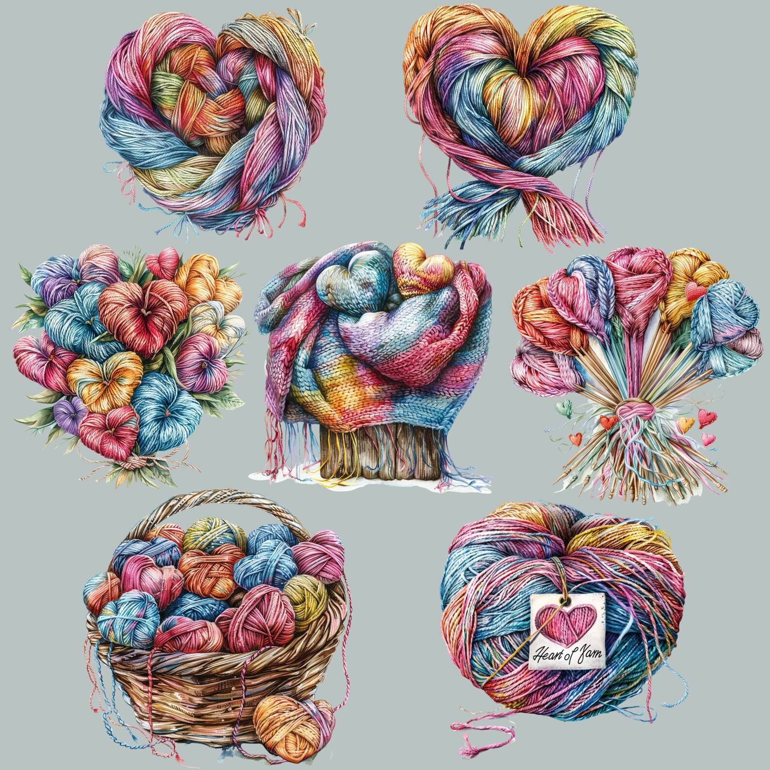 Hearts of Yarn Clipart Pack: Knitting & Crochet Pngs (commercial Use ...