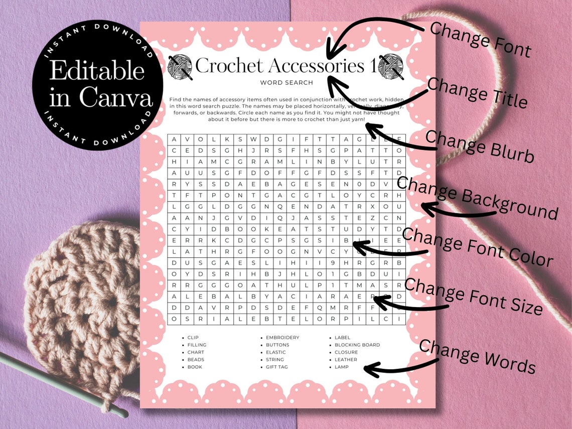 PRINTABLE EDITABLE Crochet Word Search Sheets Fancy Edition Printable ...
