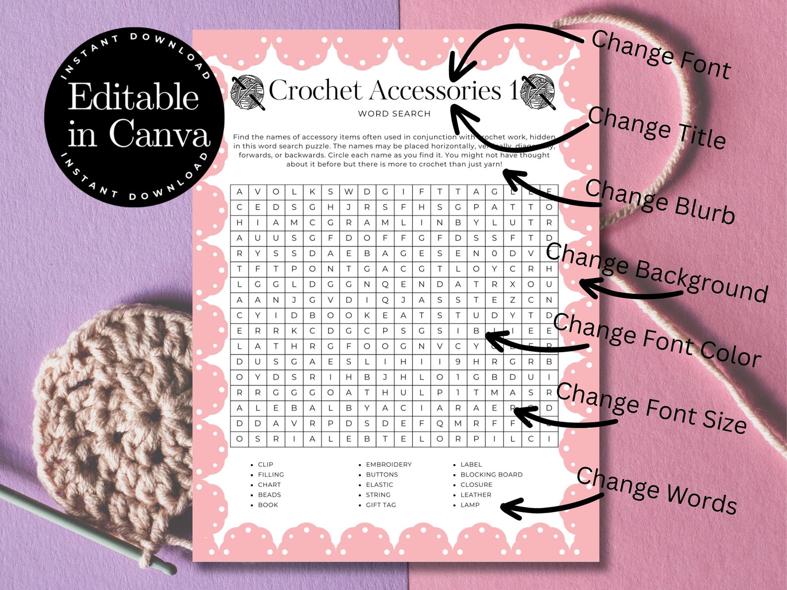 PRINTABLE + EDITABLE Crochet Word Search Sheets - Fancy Edition ...