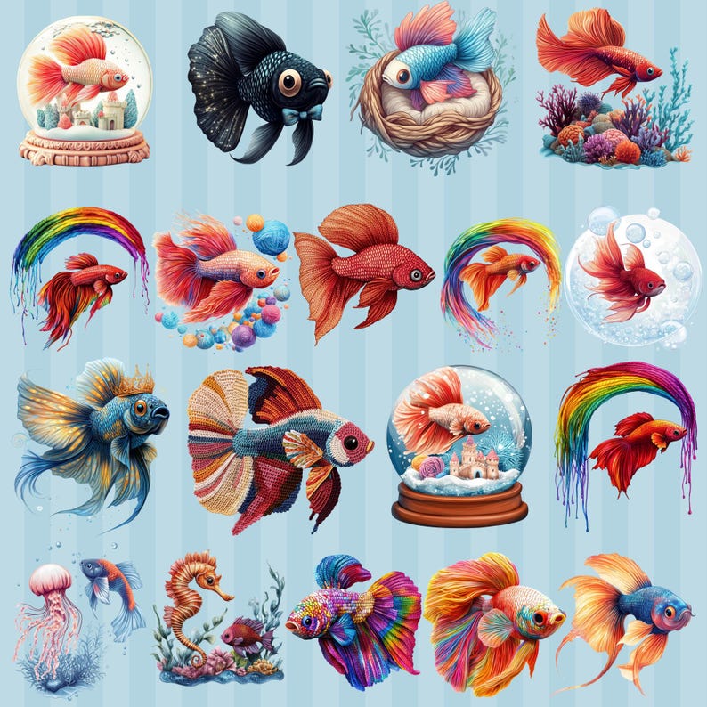 Betta Fish With Yarn Clipart Pack, Aquarium Fish Png, Sublimation ...