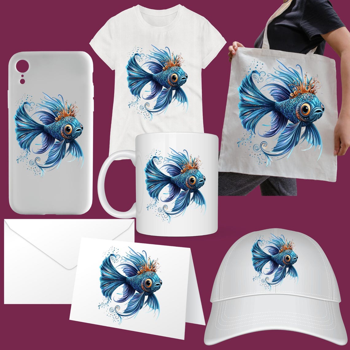 Betta Fish With Yarn Clipart Pack, Aquarium Fish Png, Sublimation ...