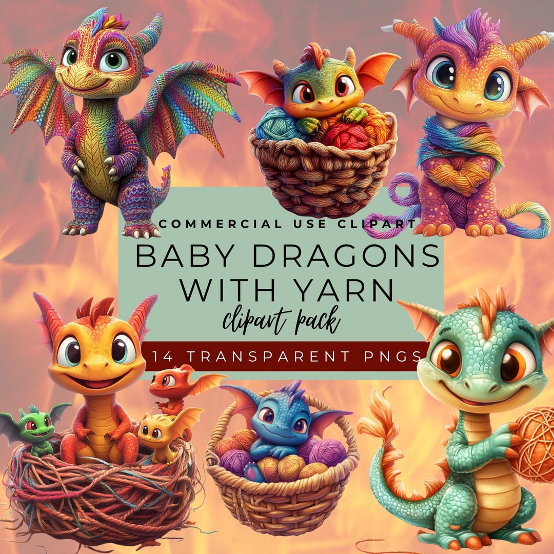 Dragons With Yarn Clipart Pack, Fantasy Clipart, Cute Clipart, Dragon ...