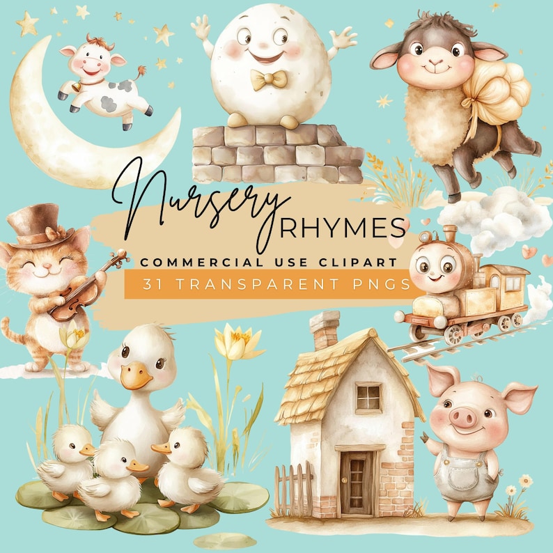 Nursery Rhymes Clipart, Watercolor Digital Download, Nursery Decor ...