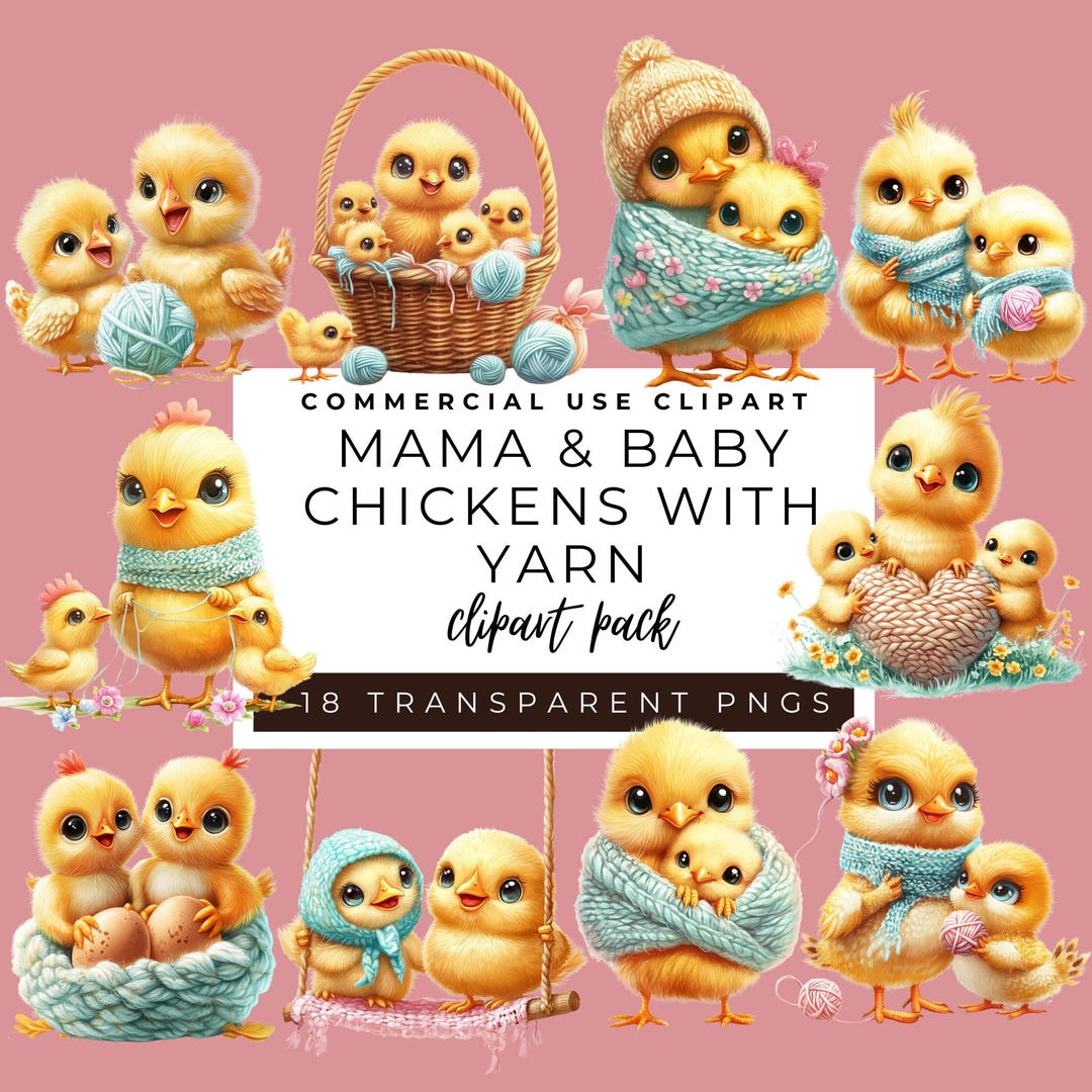 Watercolor Mama & Baby Chickens Clipart: Yarn Theme (PNG, Commercial ...