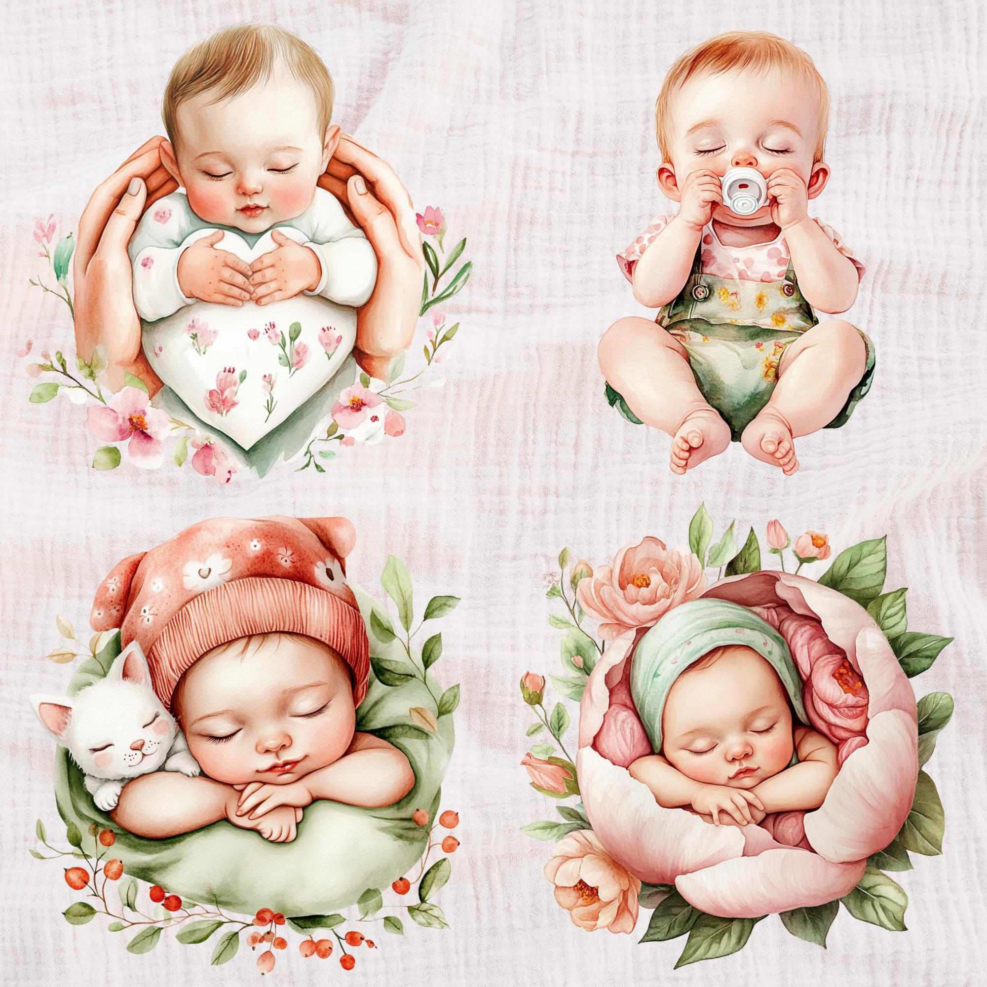 Watercolor Newborn Baby Clipart: 26 PNG Illustrations (digital Download ...