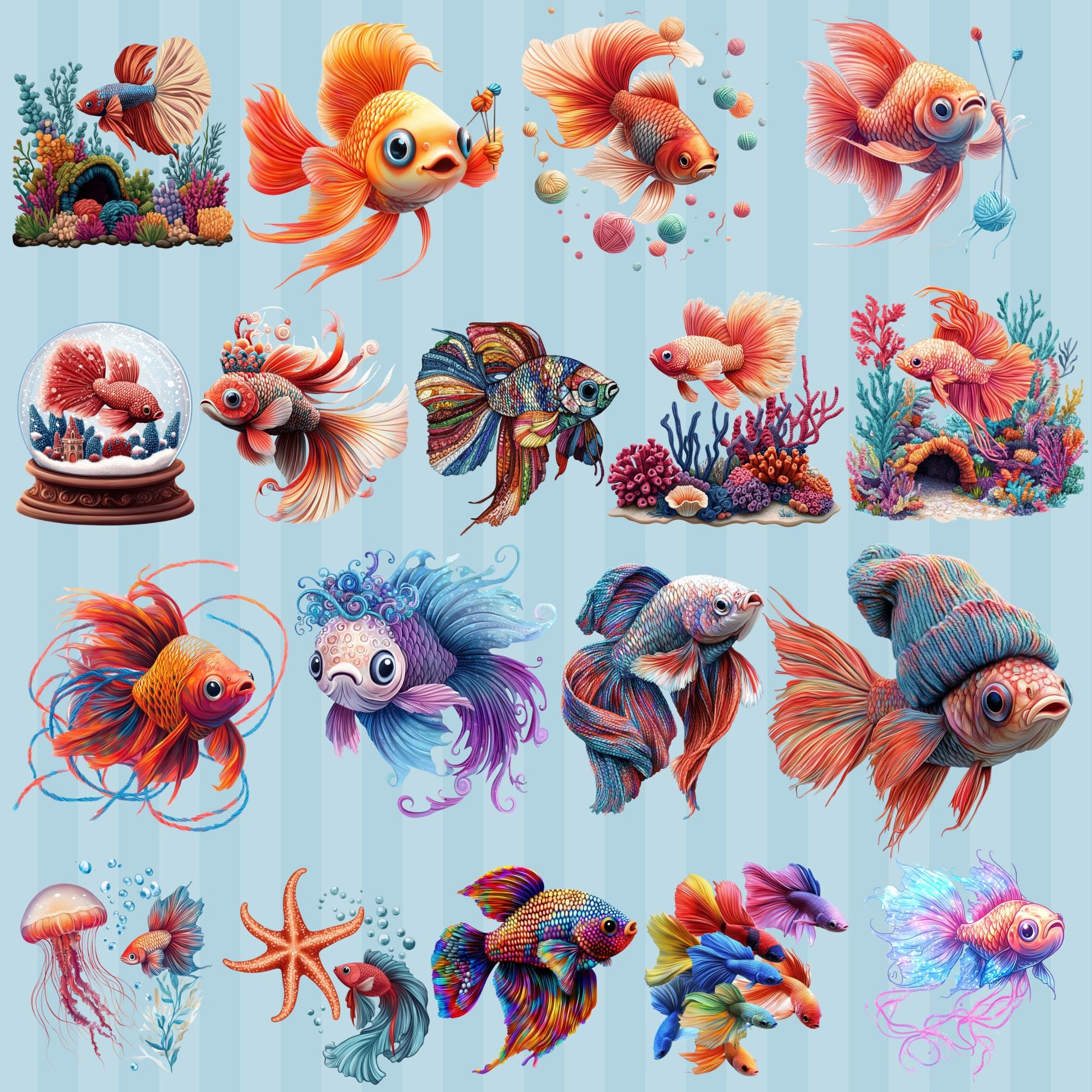 Betta Fish With Yarn Clipart Pack, Aquarium Fish Png, Sublimation ...