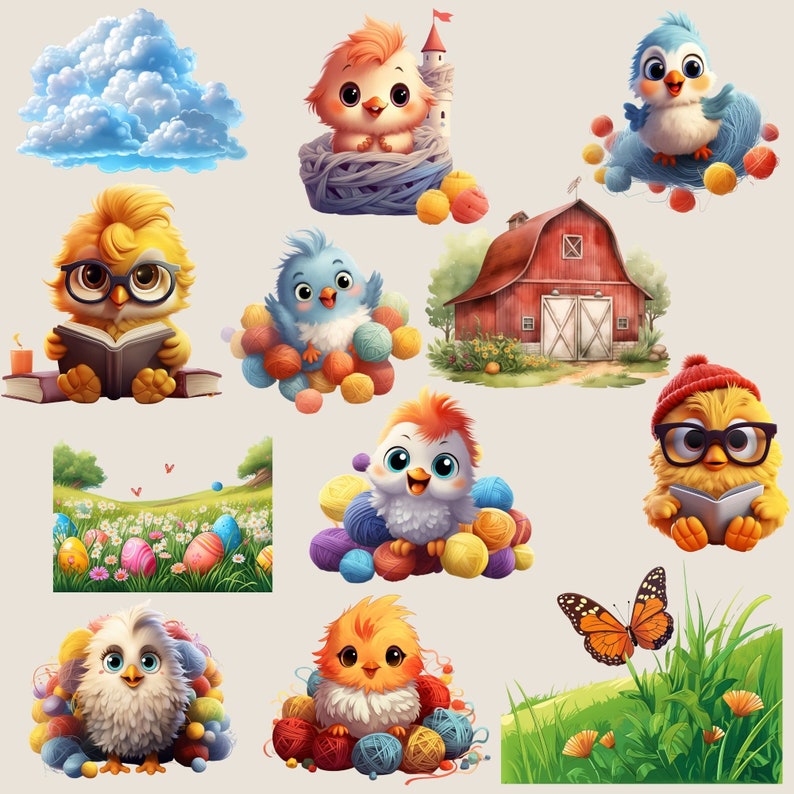 Mini Chickens With Yarn Clipart Pack| Baby Chick Clipart | Farm Animal ...