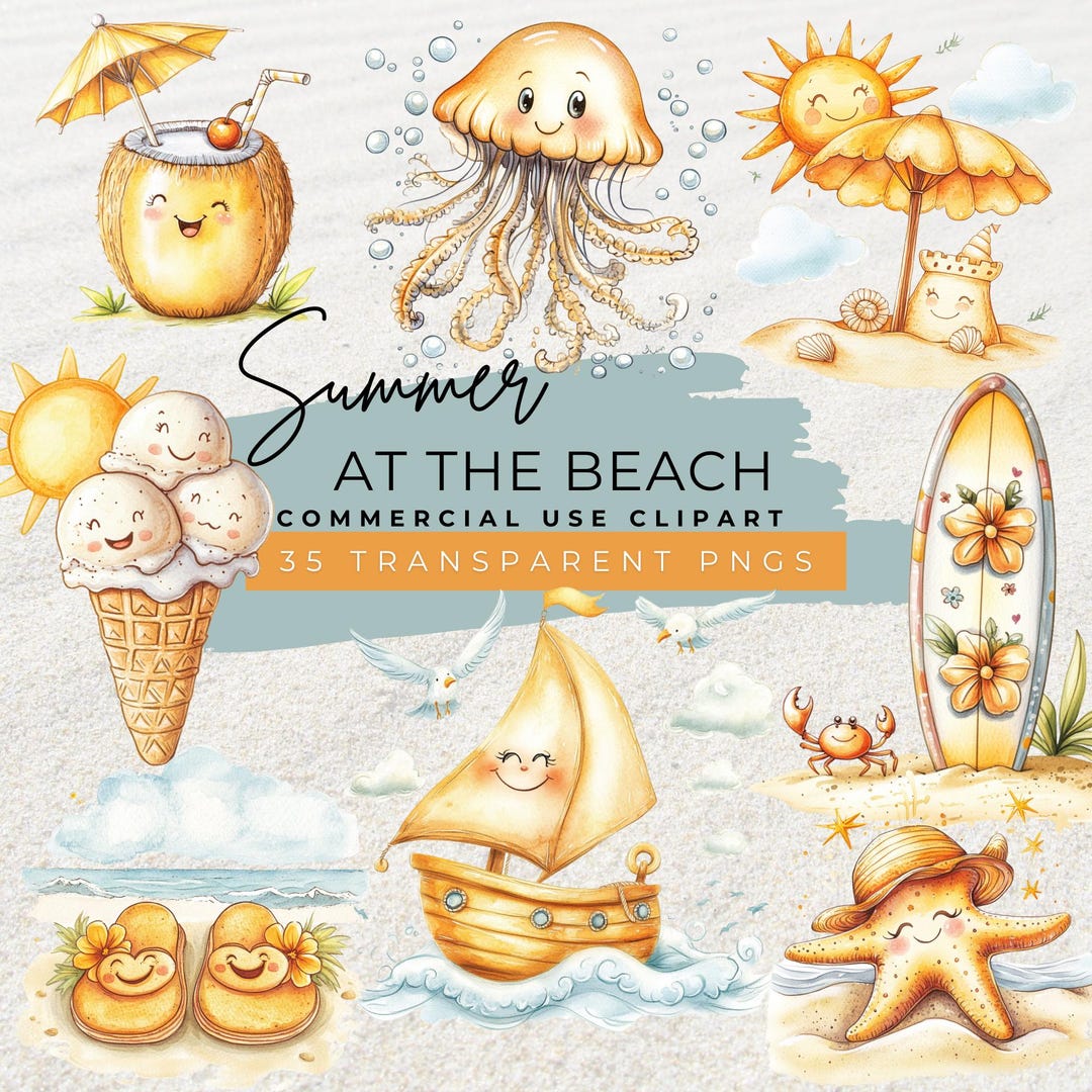 Watercolor Summer Beach Clipart Bundle: Tropical Vacation Graphics (PNG ...