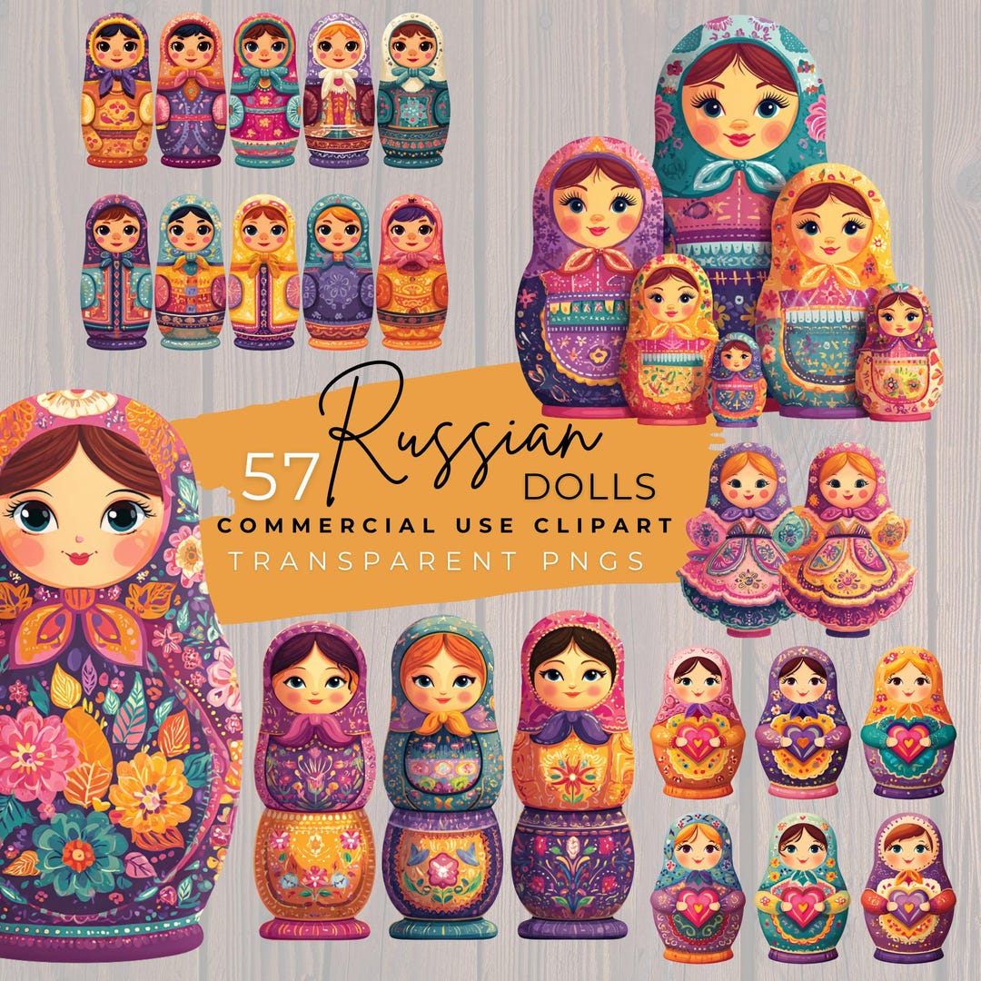 Russian Dolls Clipart, Matryoshka Art, PNG and JPEG Files, Transparent ...