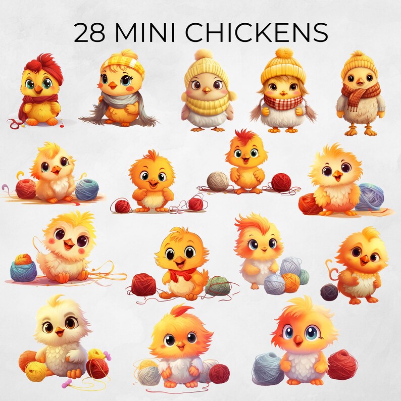More Mini Chickens With Yarn Clipart Pack | Farm Animal Clip Art ...