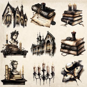 Dark Academia Clipart: Watercolor Gothic PNG Stickers (digital Download ...