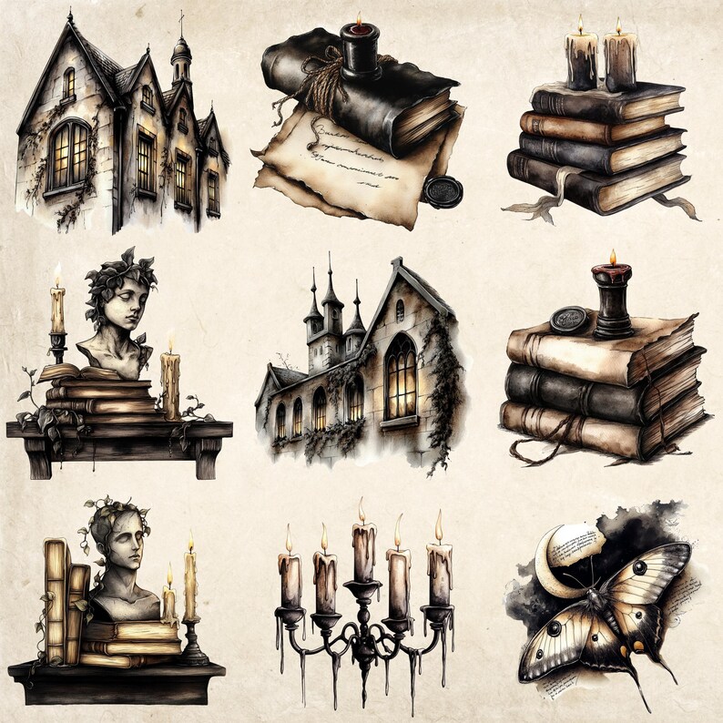 Dark Academia Clipart, Watercolor Gothic PNG, Vintage Stickers for ...
