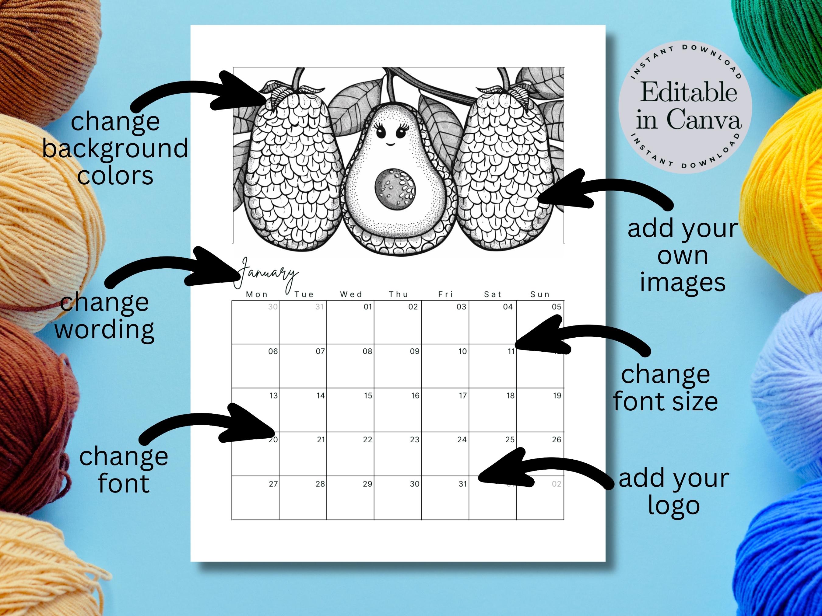 PRINTABLE & EDITABLE 2025 Coloring Pages Crochet Calendar, Advent ...