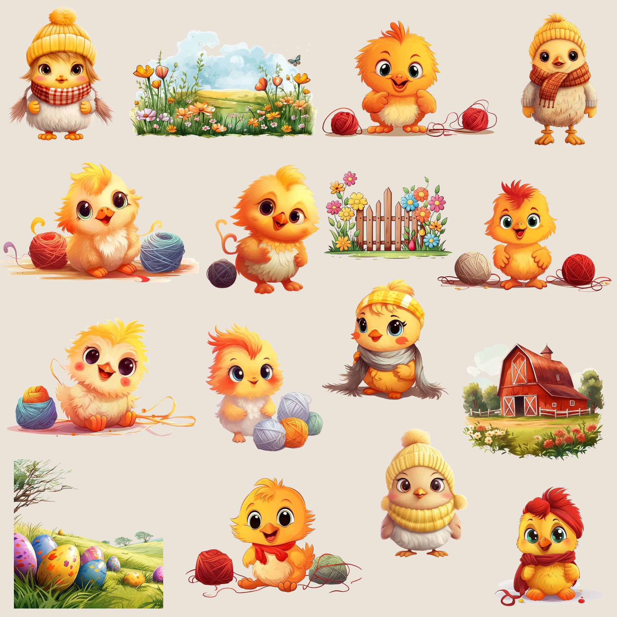 More Mini Chickens With Yarn Clipart Pack | Farm Animal Clip Art ...