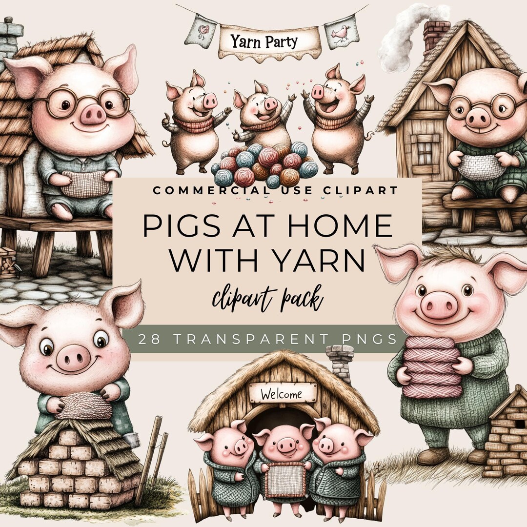 Pigs at Home With Yarn Clipart Pack, Cute Pig Illustrations, Digital ...
