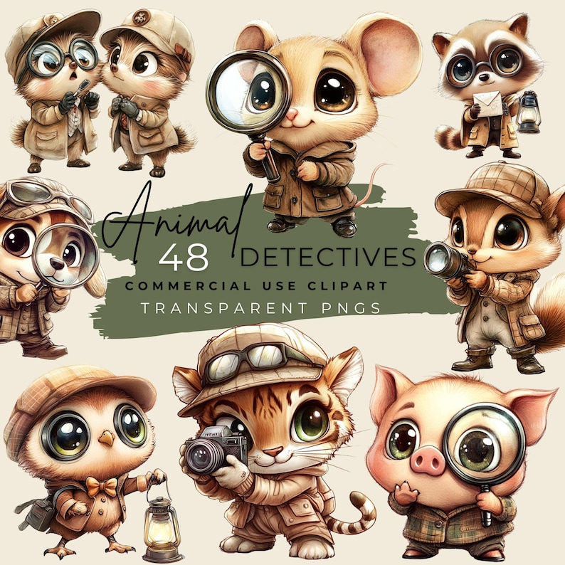 Animal Detectives Clipart, Cute Animal Illustrations, Digital Download ...