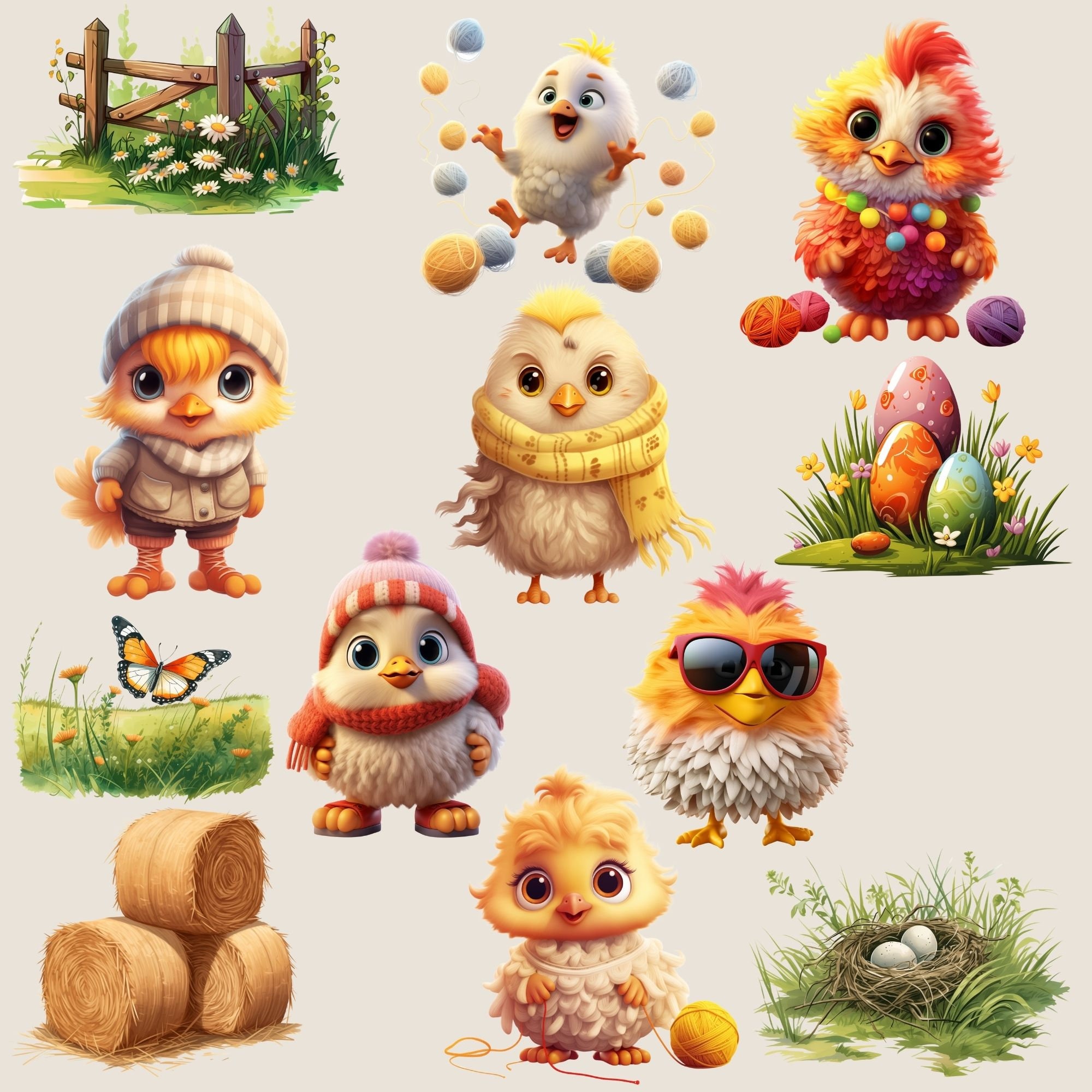 Mini Chickens With Yarn Clipart Pack| Baby Chick Clipart | Farm Animal ...