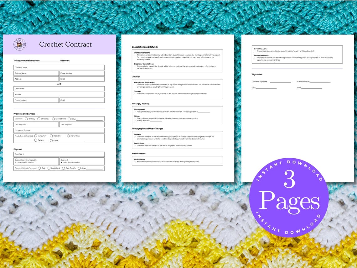 EDITABLE + PRINTABLE Crochet Contract Form, Contract Digital Download ...