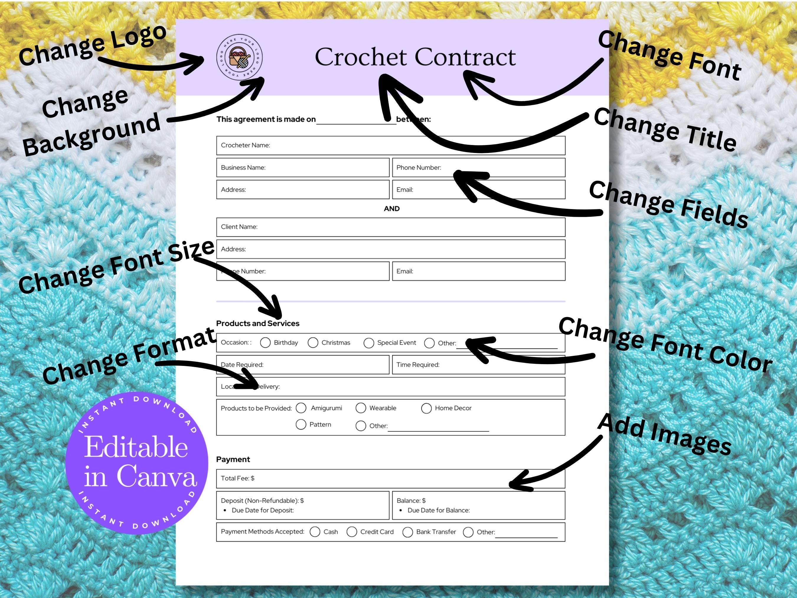 EDITABLE PRINTABLE Crochet Contract Form, Contract Digital Download ...