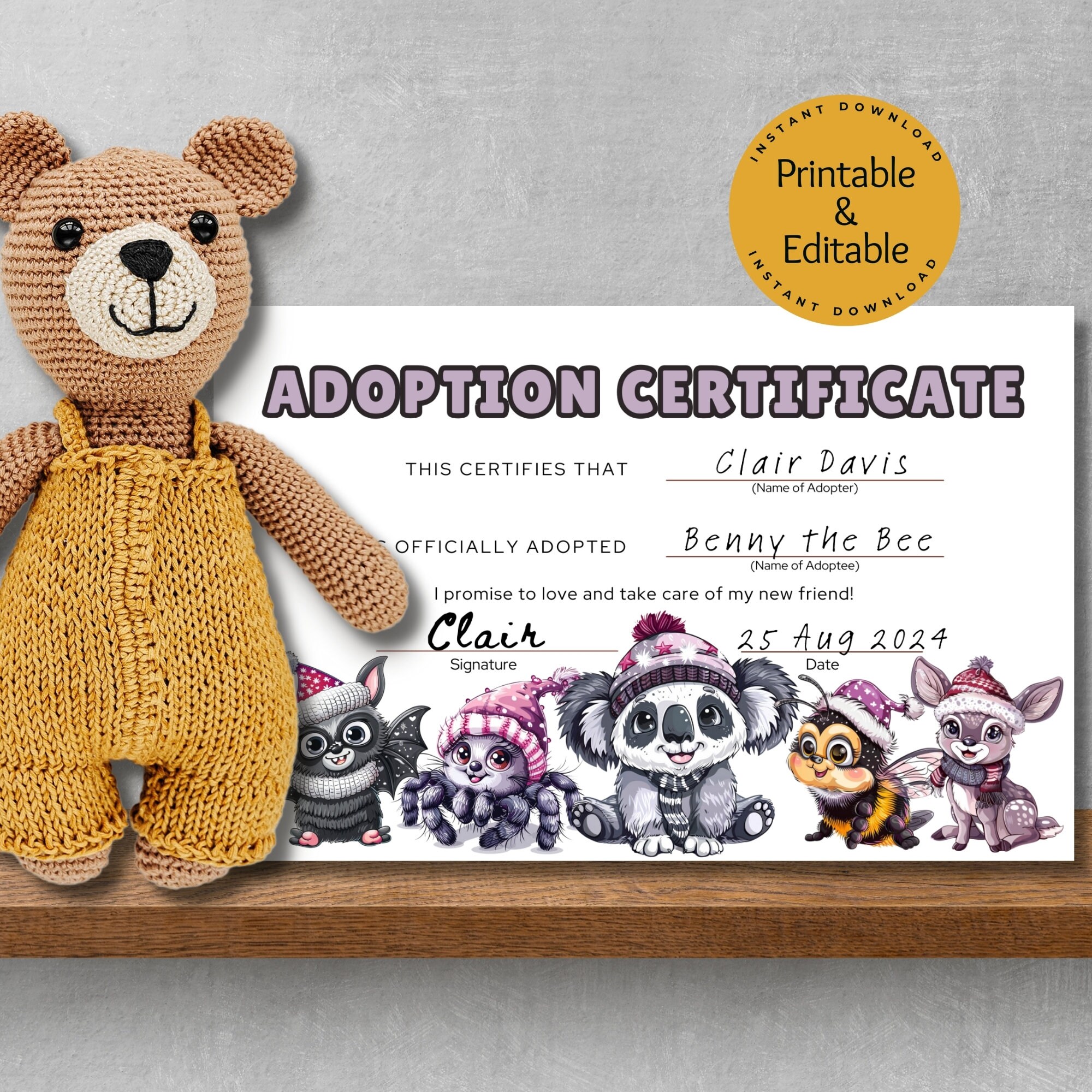 EDITABLE + PRINTABLE Toy Adoption Certificate, Instant Download, Teddy ...