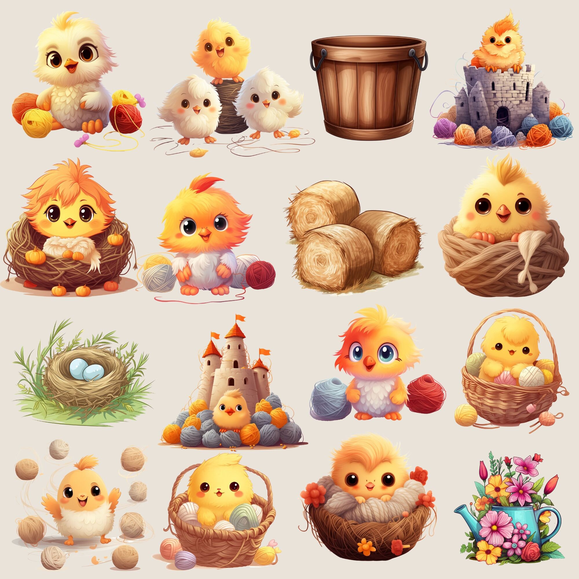 More Mini Chickens With Yarn Clipart Pack | Farm Animal Clip Art ...