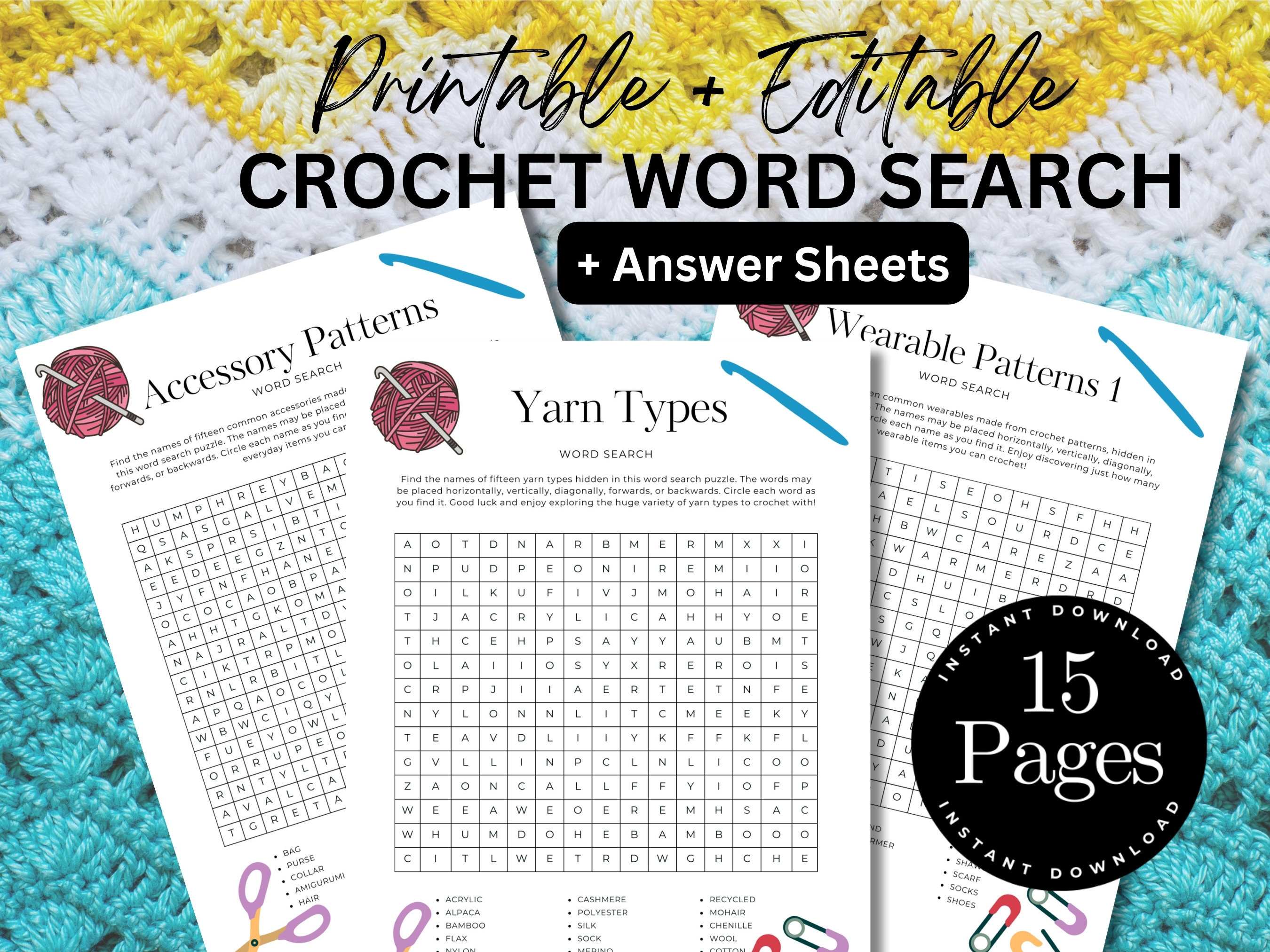 PRINTABLE + EDITABLE Crochet Word Search Sheets - Canva Edition ...