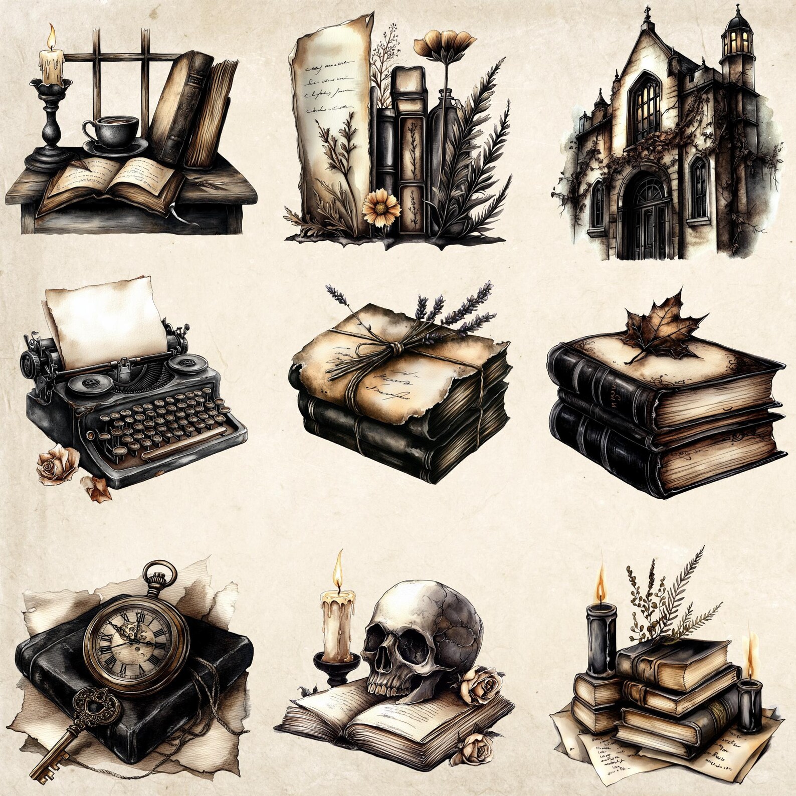 Dark Academia Clipart: Watercolor Gothic PNG Stickers (digital Download) - Etsy