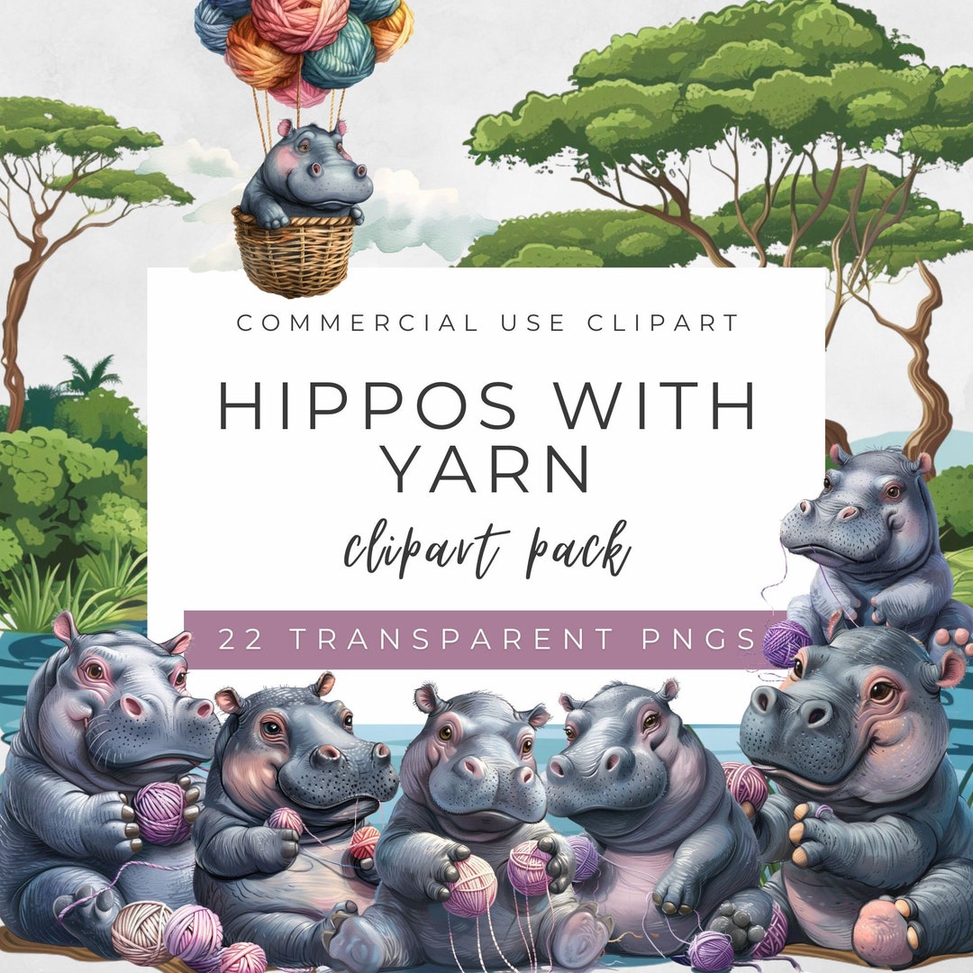 Hippos With Yarn Clipart Pack | Hippopotamus Clipart | Planner Stickers ...