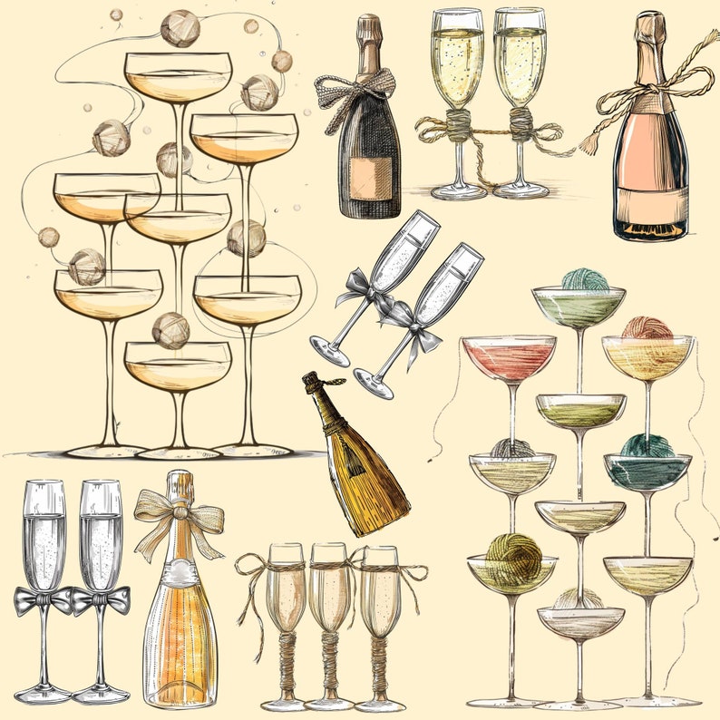 Champagne Towers With Yarn Clipart Pack: Wedding Celebration Art (PNG ...