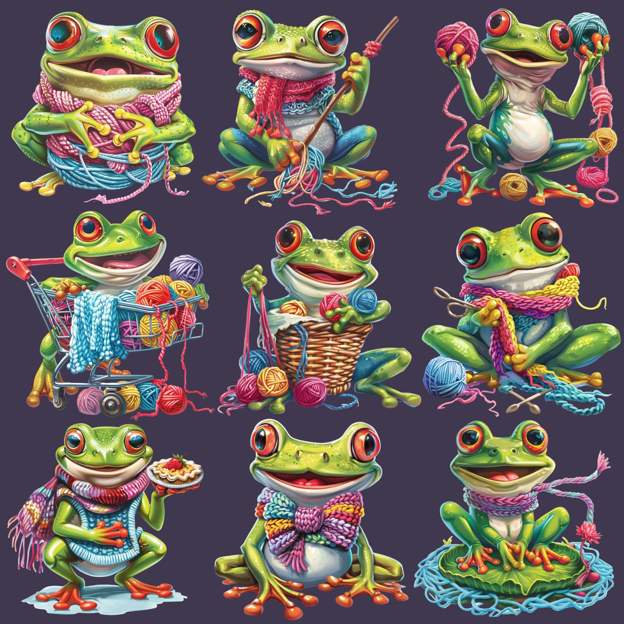 Frogs With Yarn Clipart Pack Digital Download | Cute Frogs | Baby ...