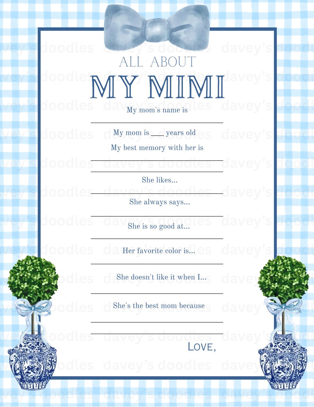 Mother’s Day Questionnaire Printable | All About My Mimi | Grandmillennial Style Kids Activity ...