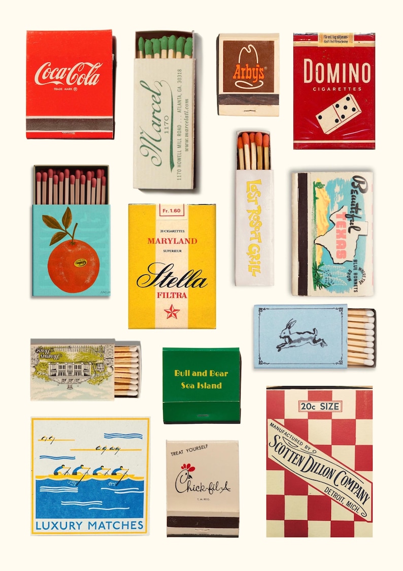 Vintage Matchbook Collage Digital Print | Retro Ephemera Wall Art | Mid ...