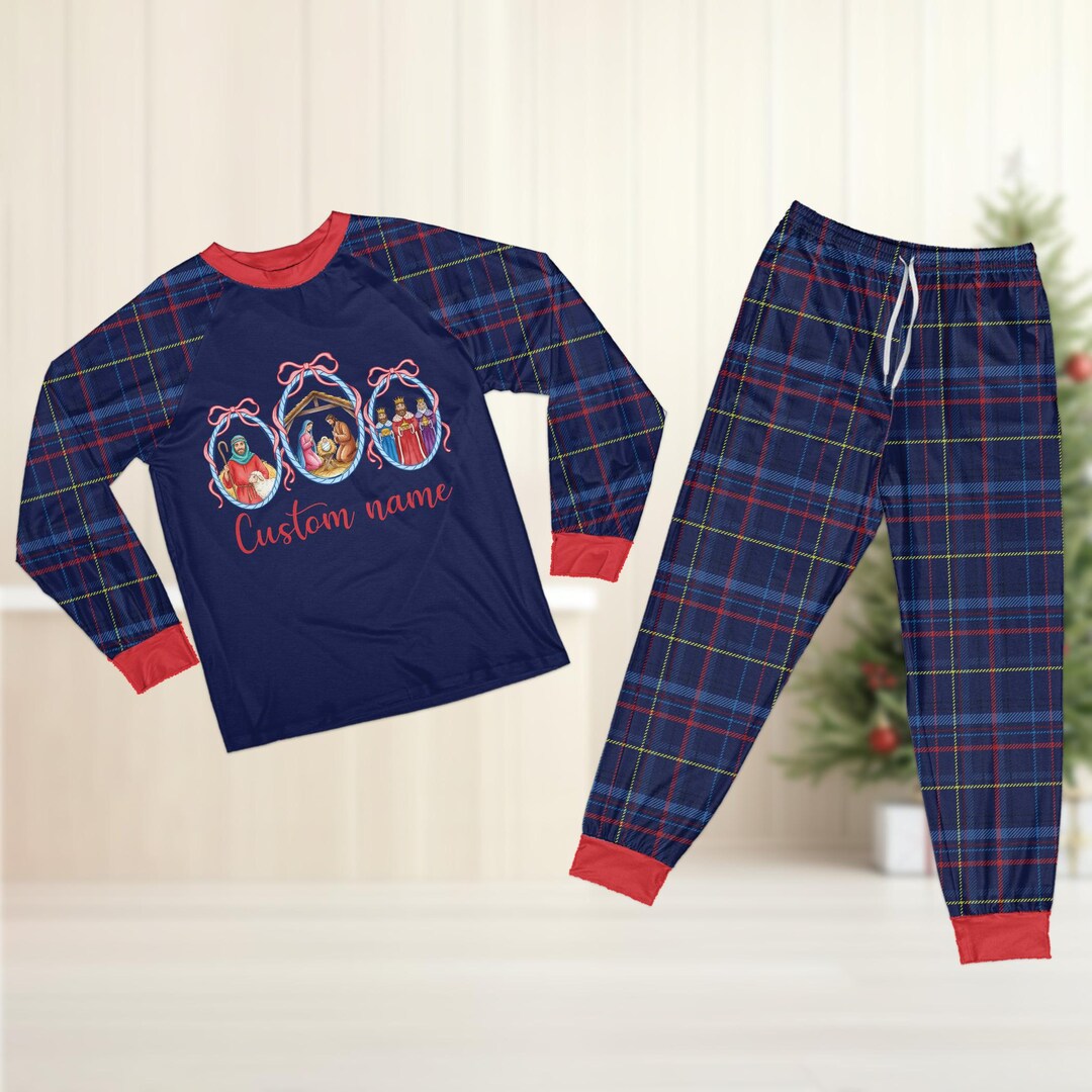 Custom Name Nativity Christmas Pajamas Set, Coquette Jesus Christmas ...