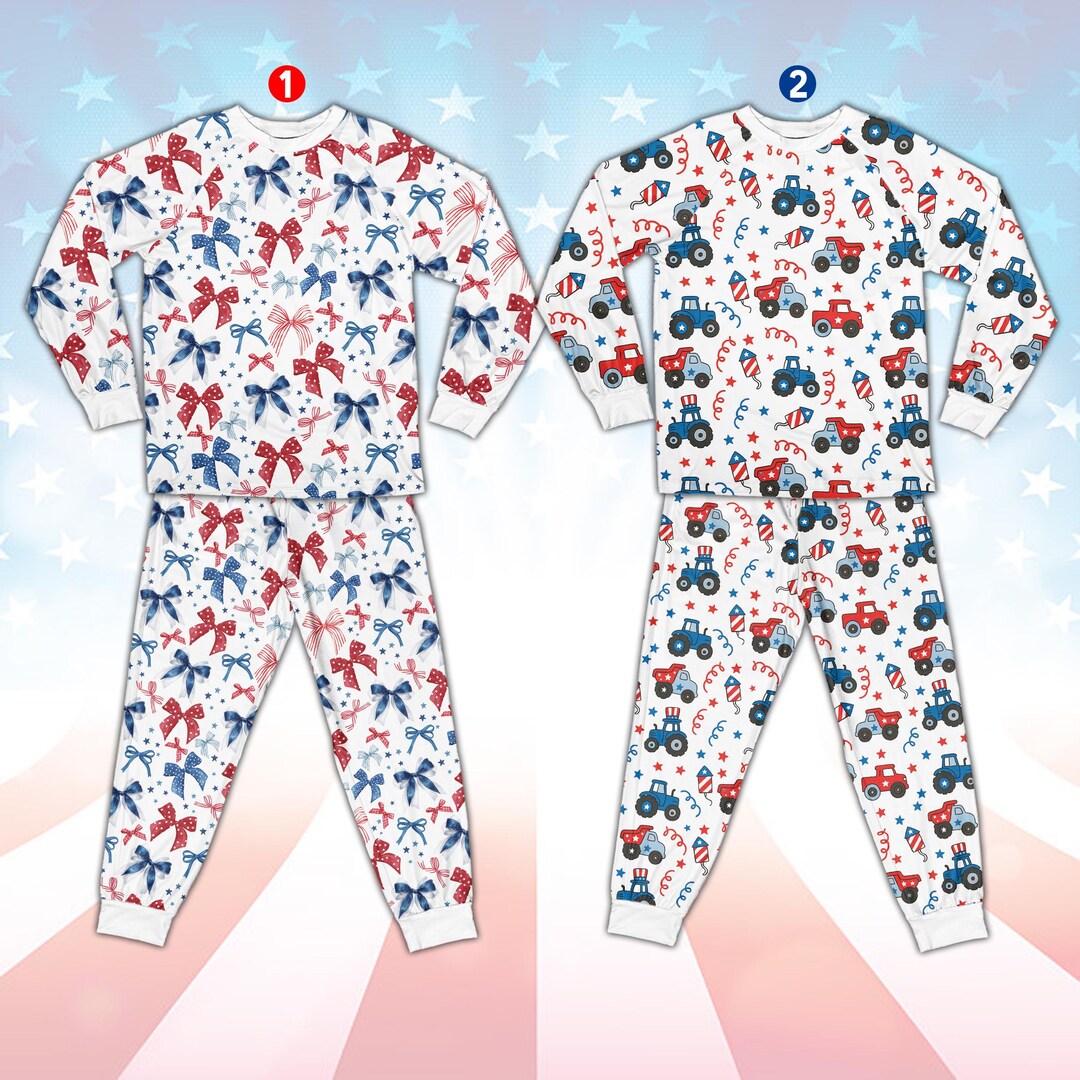 Cute 4th of July Pajamas Set, Coquette Ribbon Stars and Stripes Long ...
