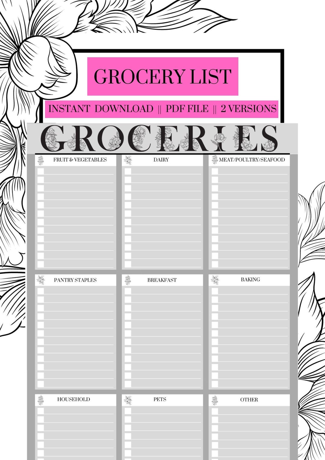 Grocery List Printable Template | Grocery Planner | Food Shopping List ...
