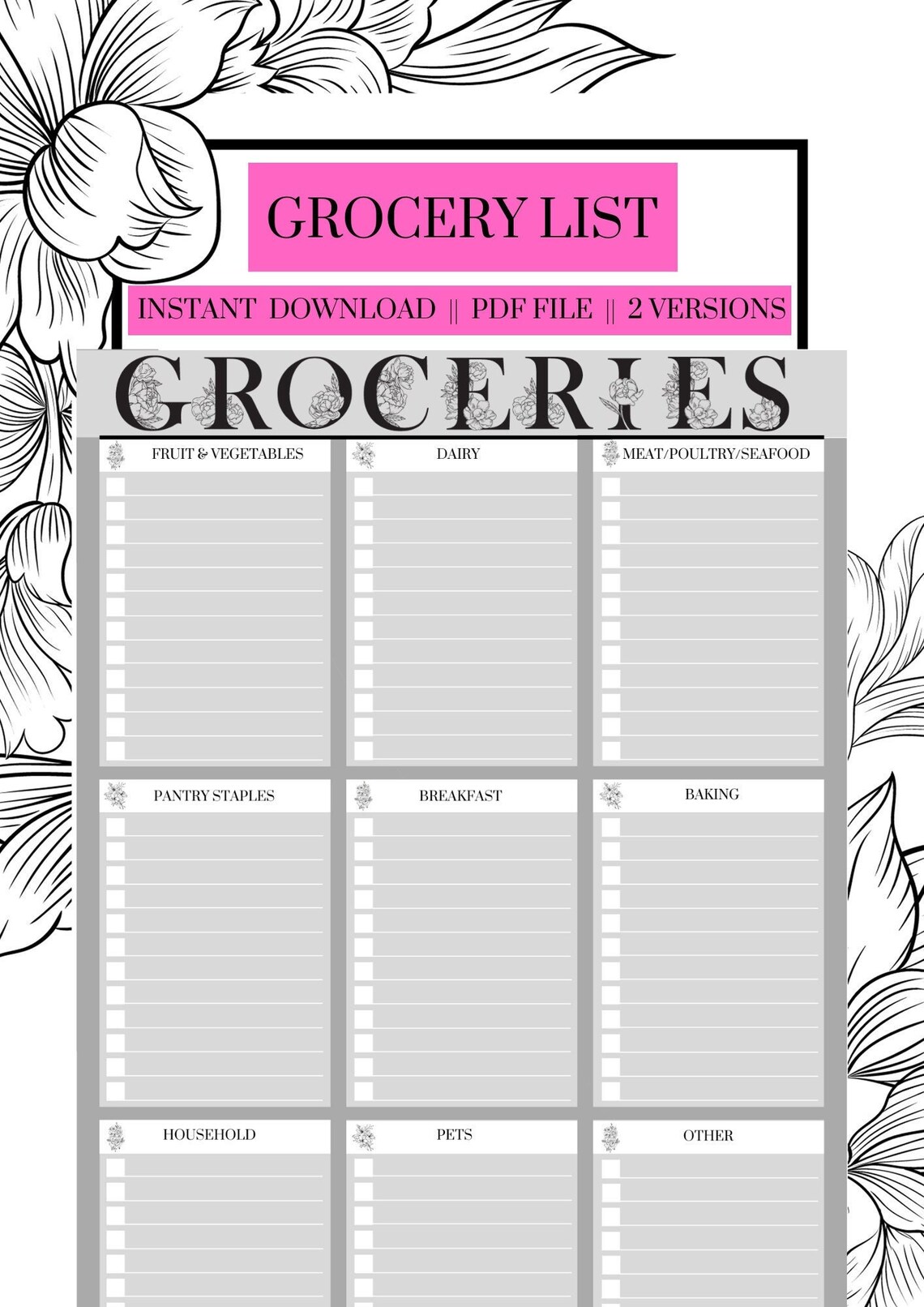 Grocery List Printable Template | Grocery Planner | Food Shopping List ...