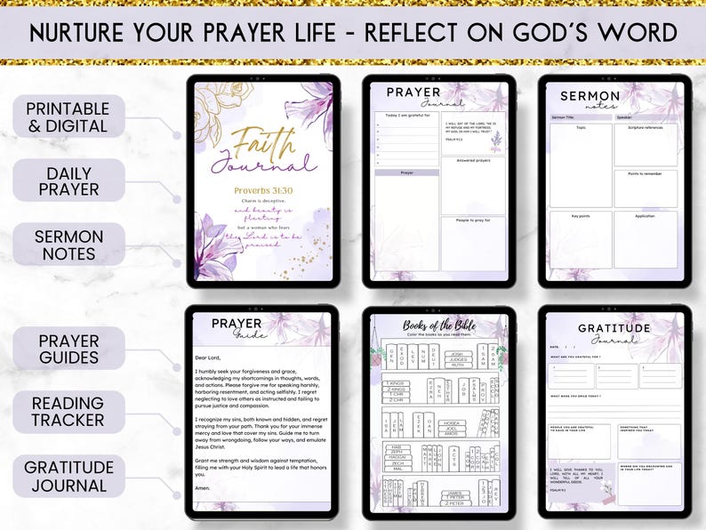 60+ Prayer Pages Journal, Hyperlinked Digital and Printable, Bible ...