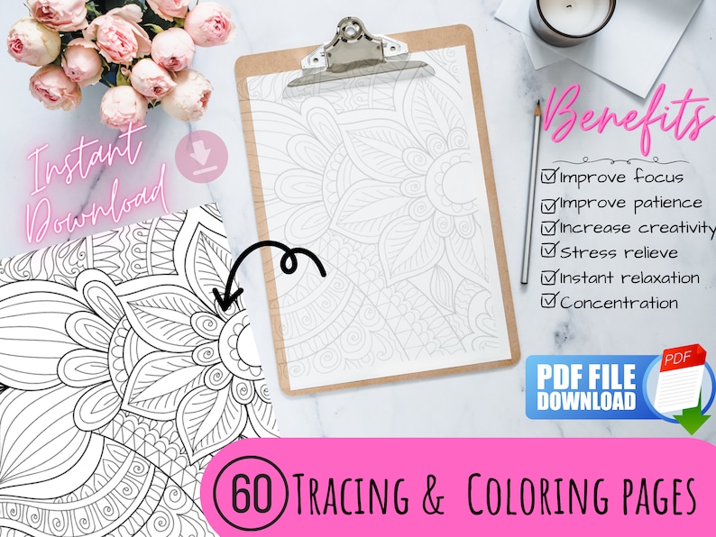 60 Unique Printable Pages, Adult Tracing, Mindful Coloring Pages ...