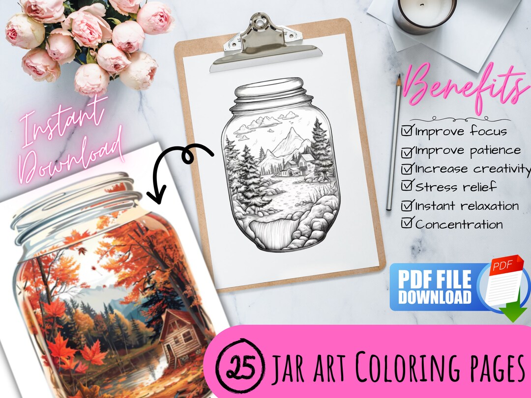 Jar Art Coloring Pages: 25 Stress Relief Designs (PDF Pattern) - Etsy