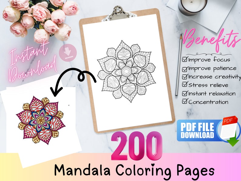 200 Mandala Coloring Pages: Mindful Art Therapy (PDF Download), Stress ...