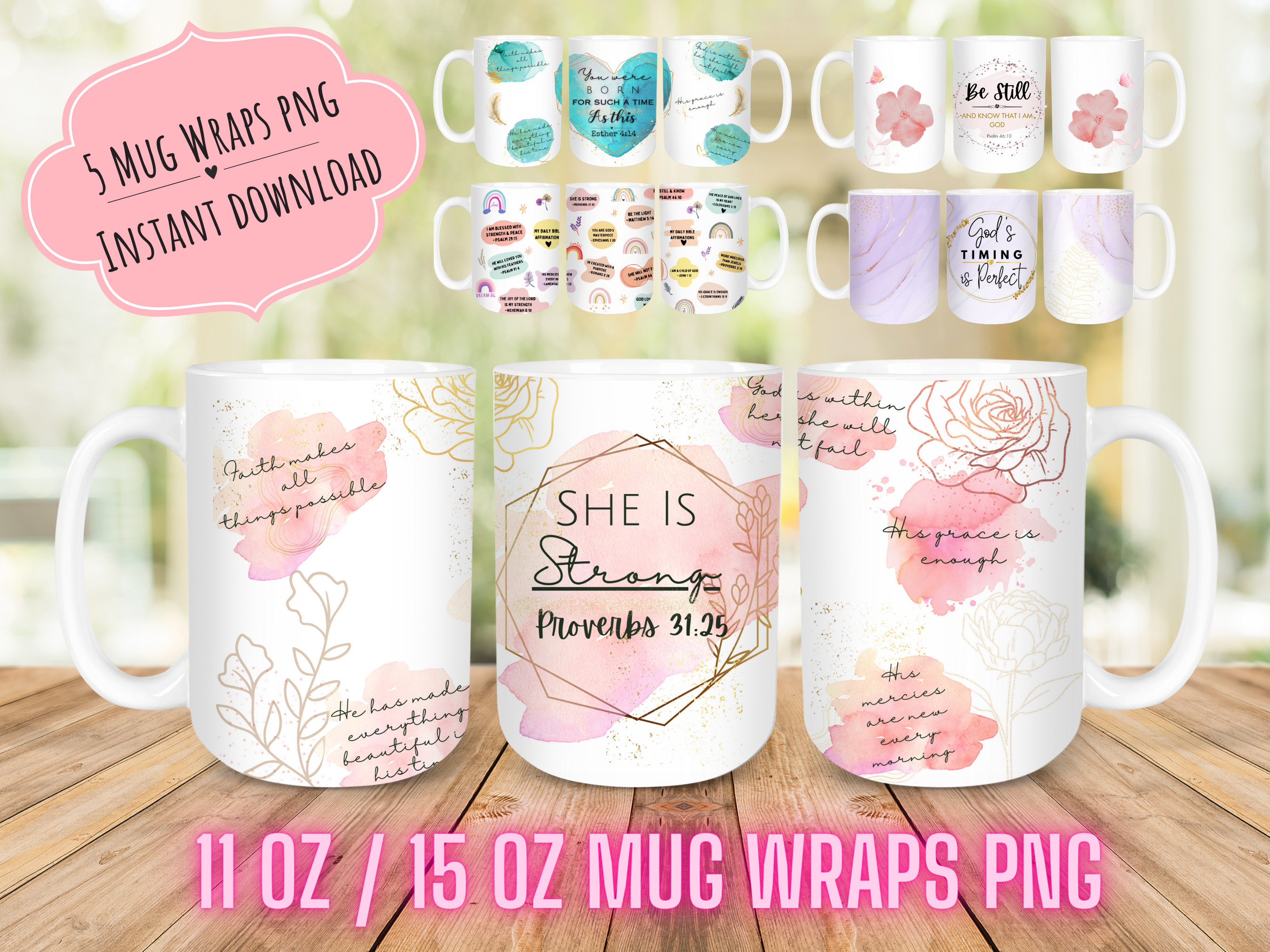 5 Beautiful Mug Wrap Bundle, She is Strong, Esther Verse, Religious Mug ...