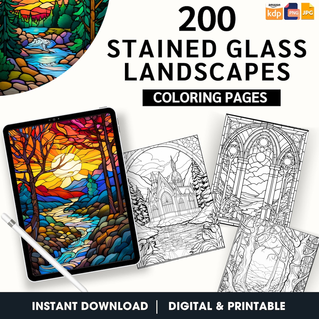 200+ Coloring Landscapes, Stained Glass Coloring Book, Stress Relief ...