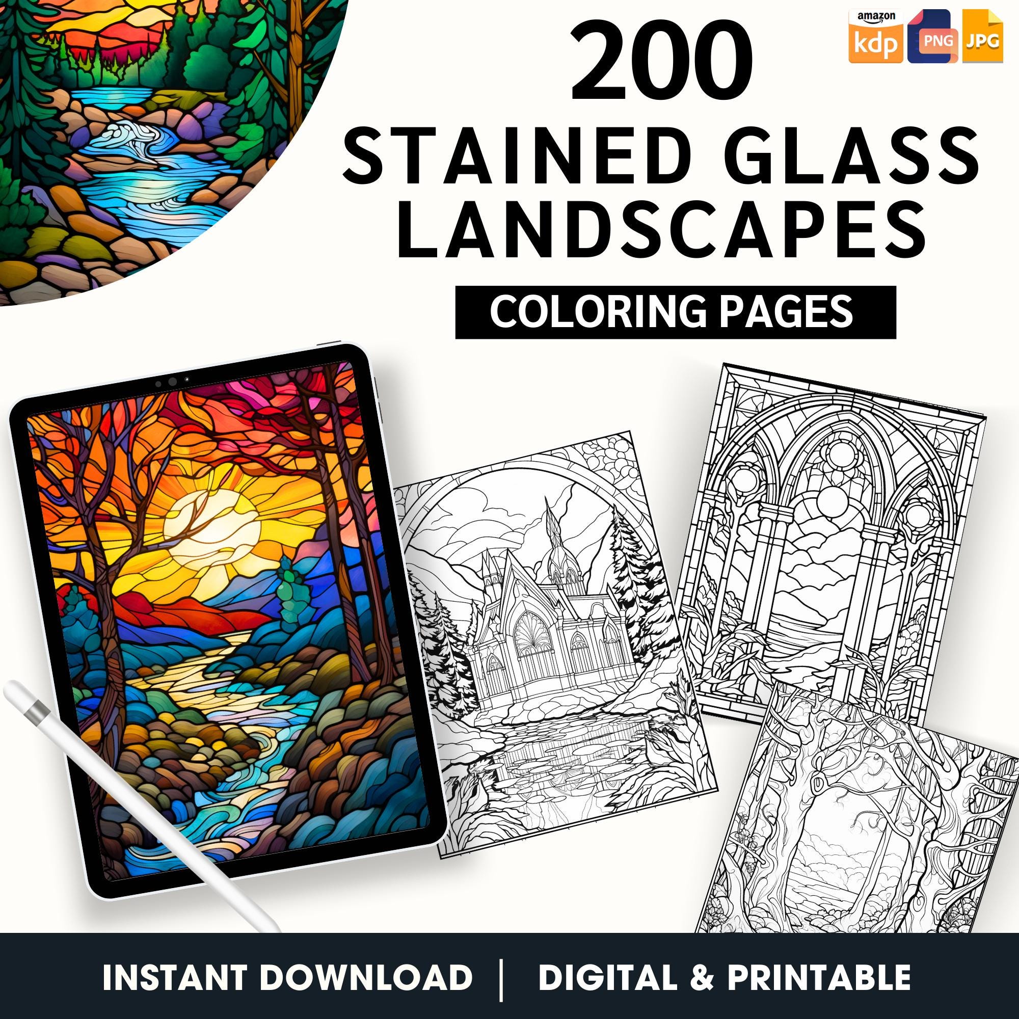 200+ Coloring Landscapes, Stained Glass Coloring Book, Stress Relief ...